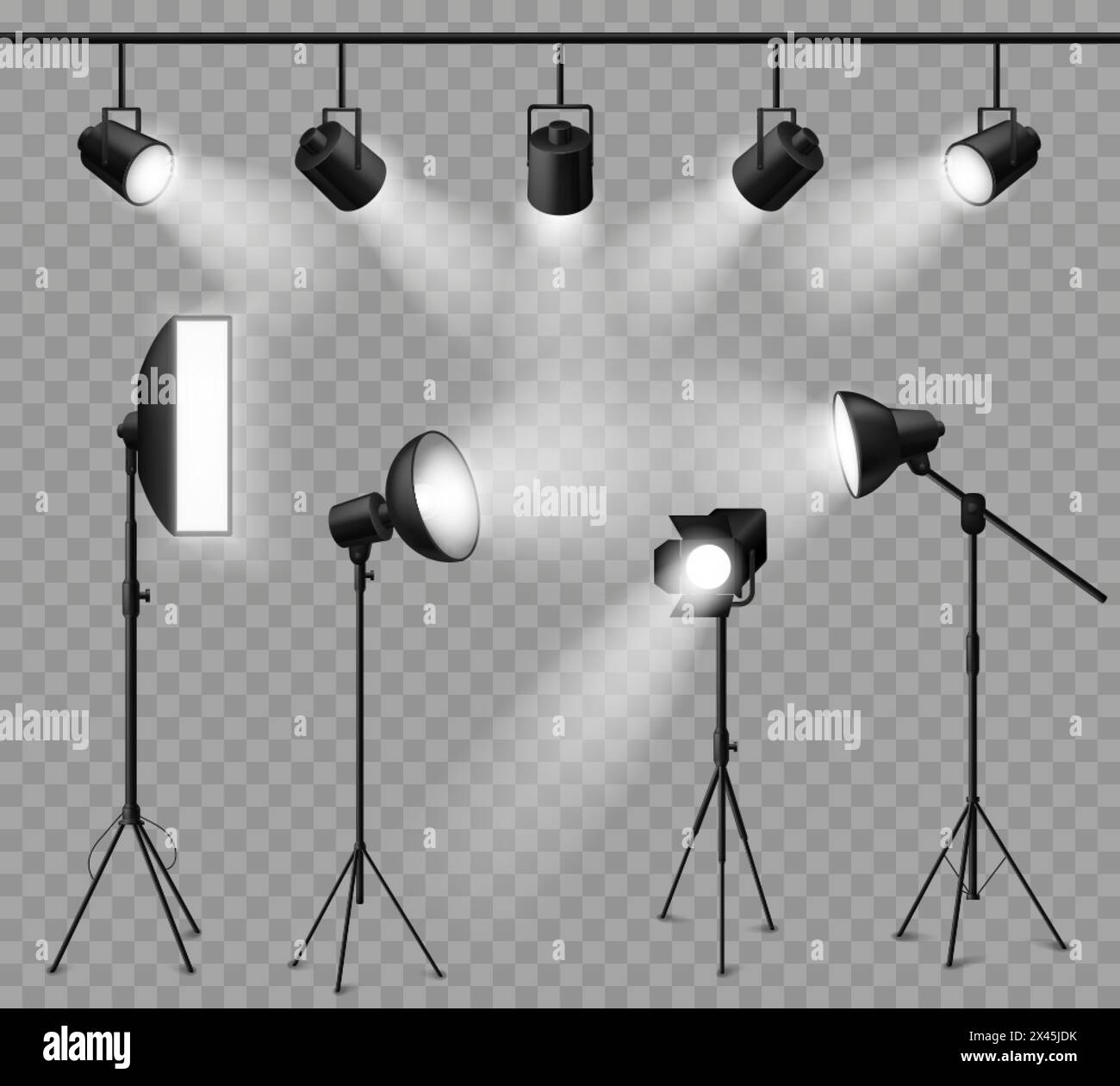 Realistic spotlight. Illuminated photo studio and stage light ...