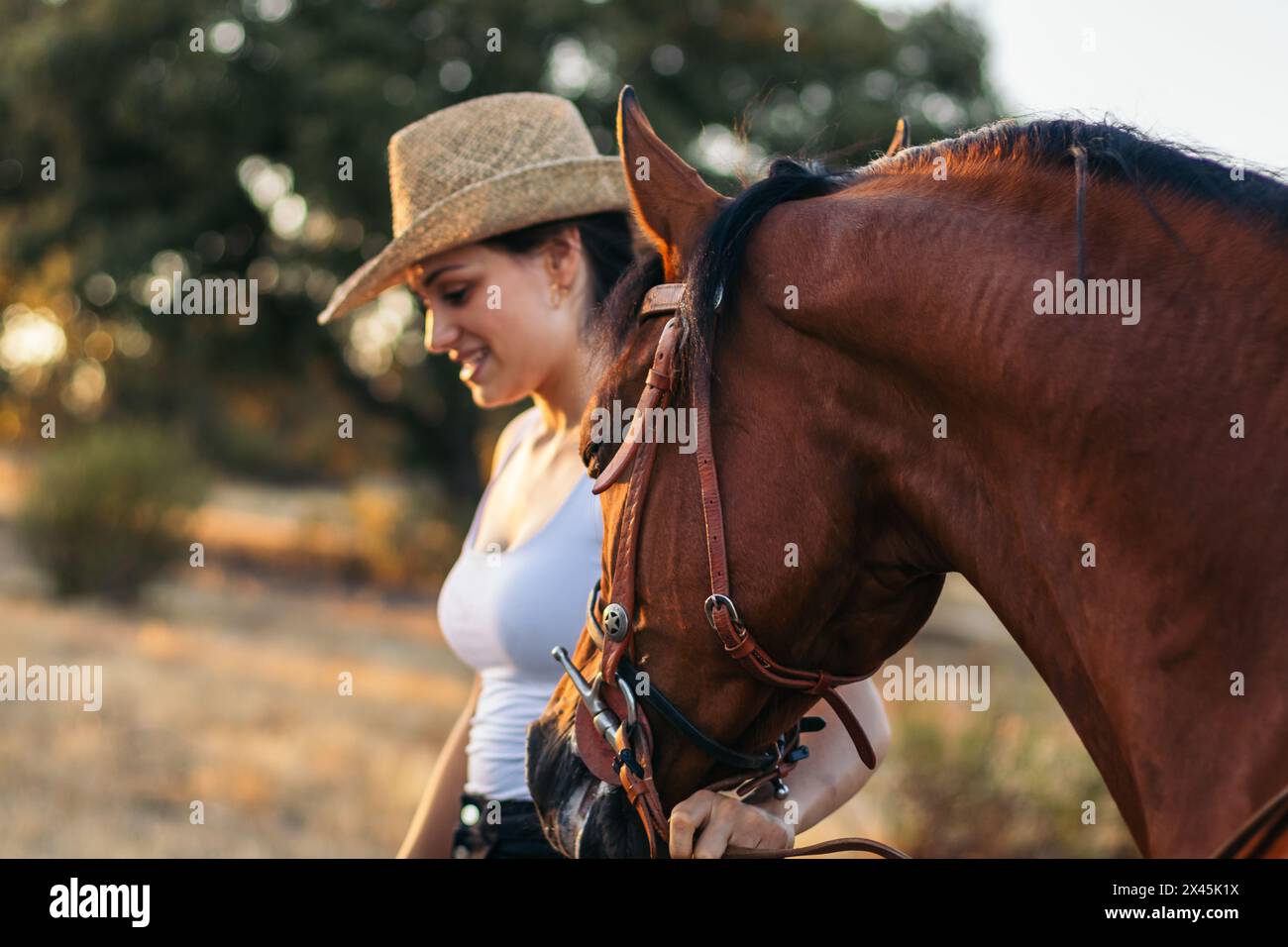 young woman walking with her horse in the countryside as the sun sets behind her Stock Photo - Alamy