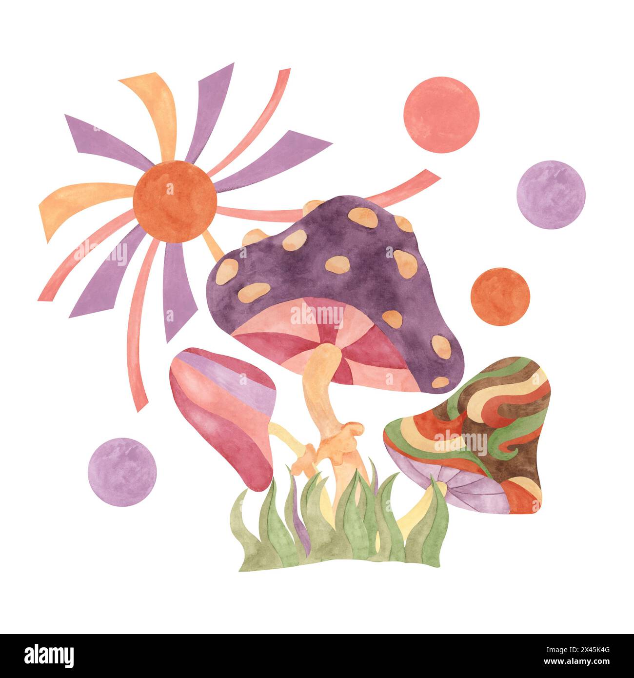 Retro hippie mushroom and sun in 1970s style. Hippie psychedelic groovy ...