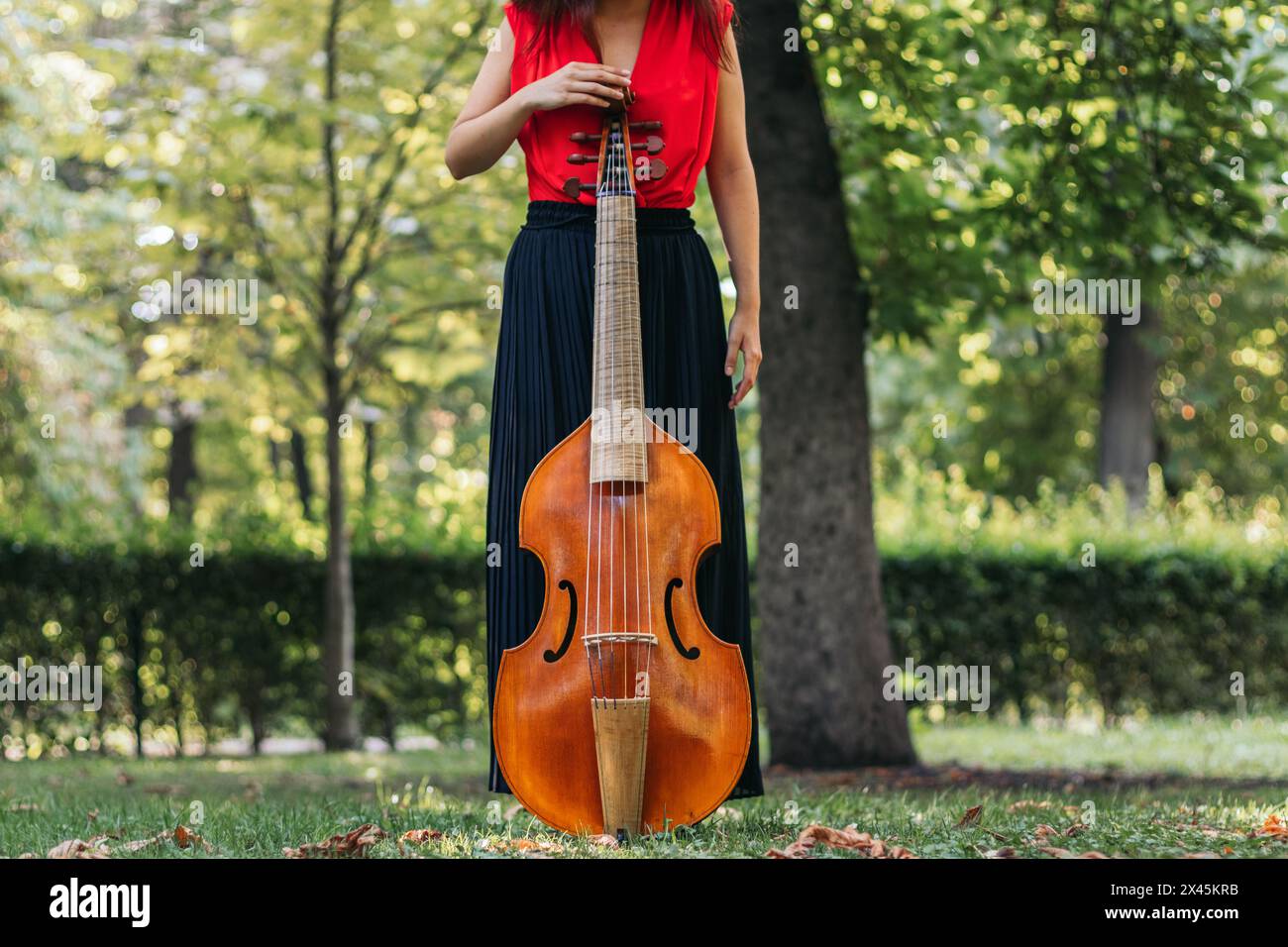 female musician standing holding her cello in a park Stock Photo - Alamy