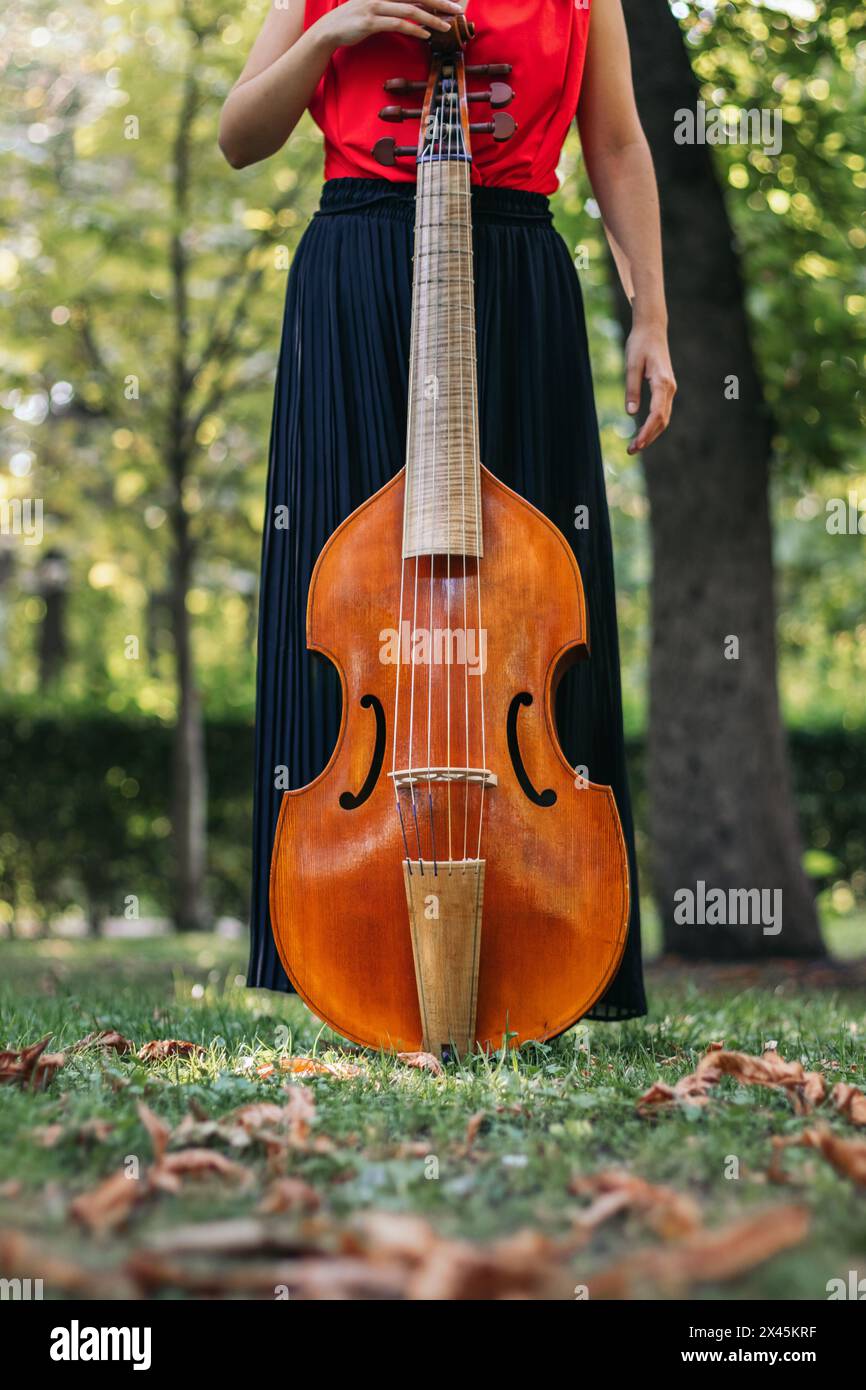 female musician standing holding her cello in a park Stock Photo - Alamy