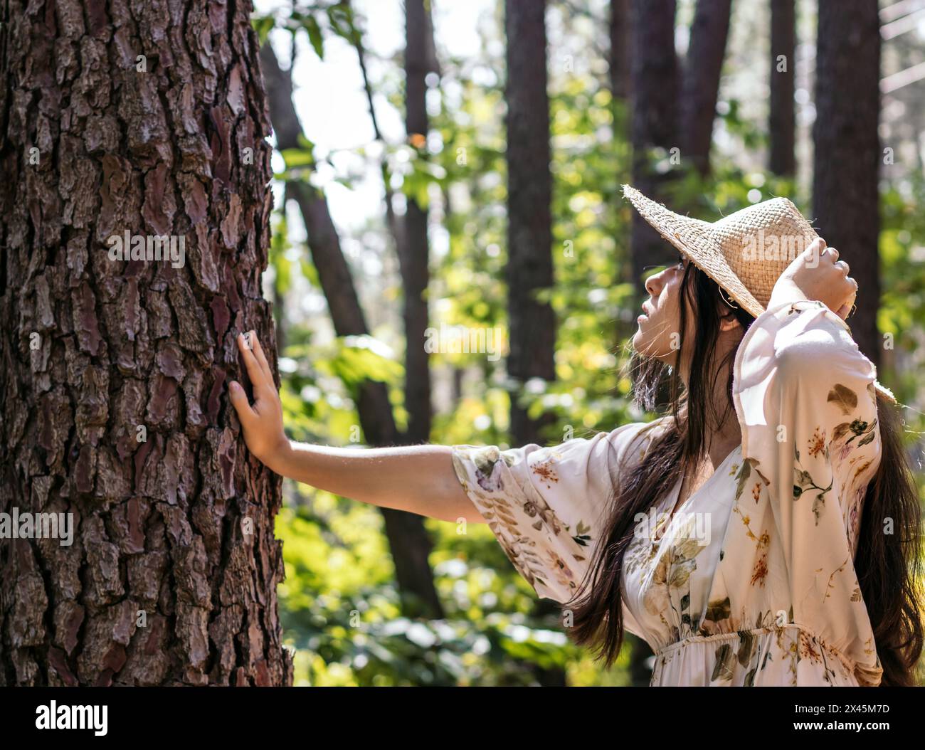 Young woman with a straw hat and dress walking through the forest ...