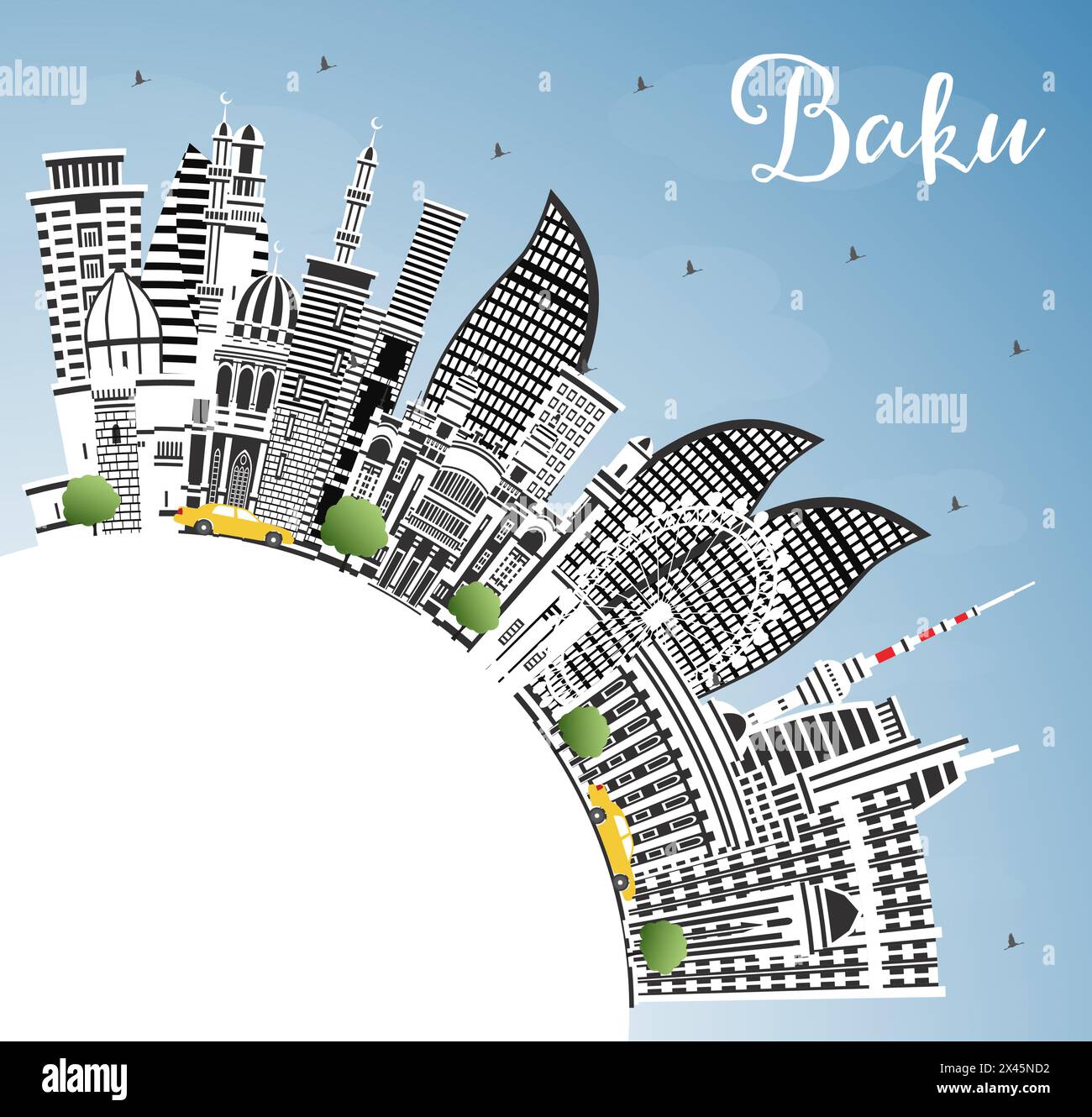 Baku Azerbaijan City Skyline with Color Buildings, Blue Sky and Copy ...