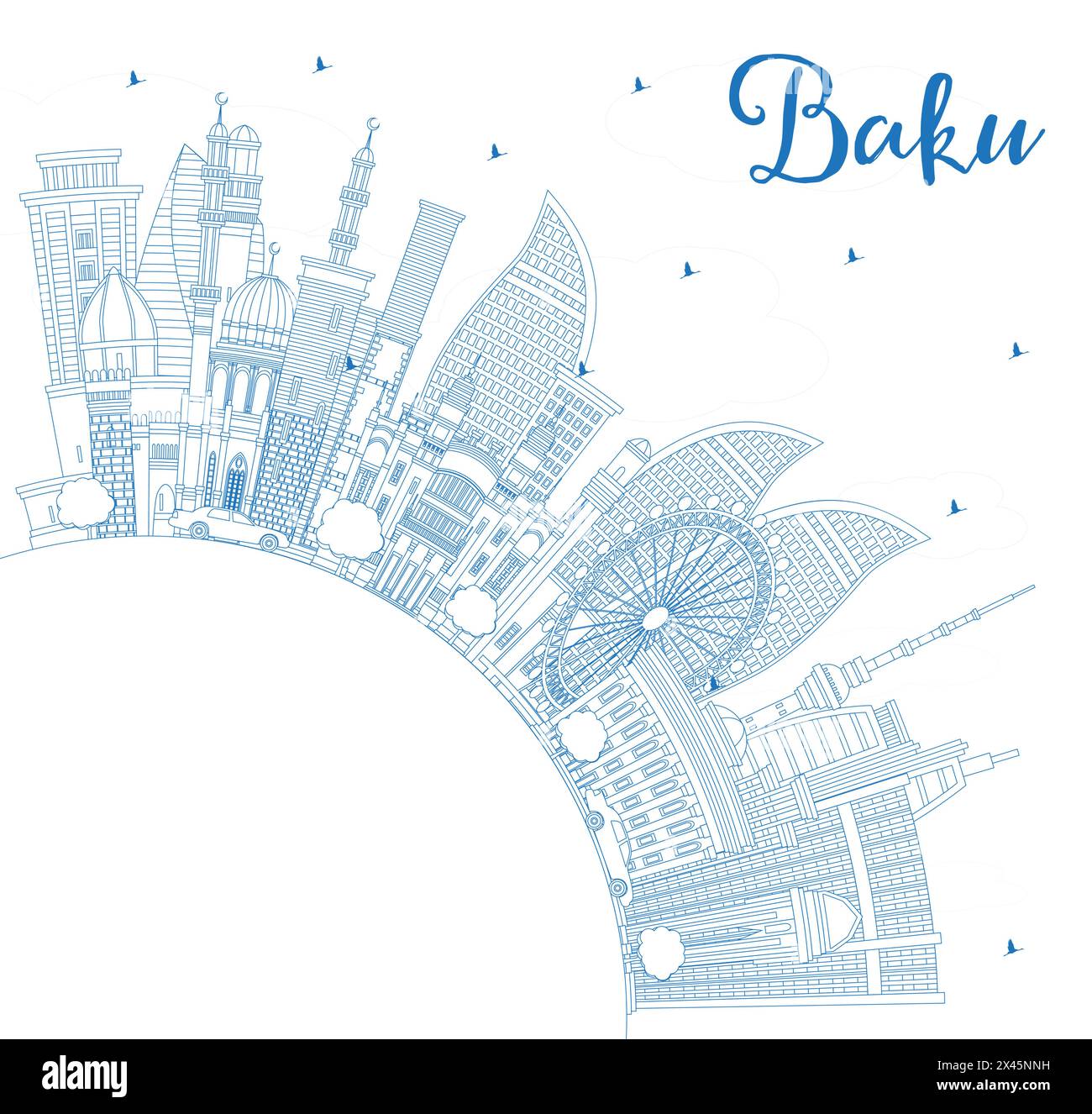 Outline Baku Azerbaijan City Skyline With Blue Buildings And Copy Space