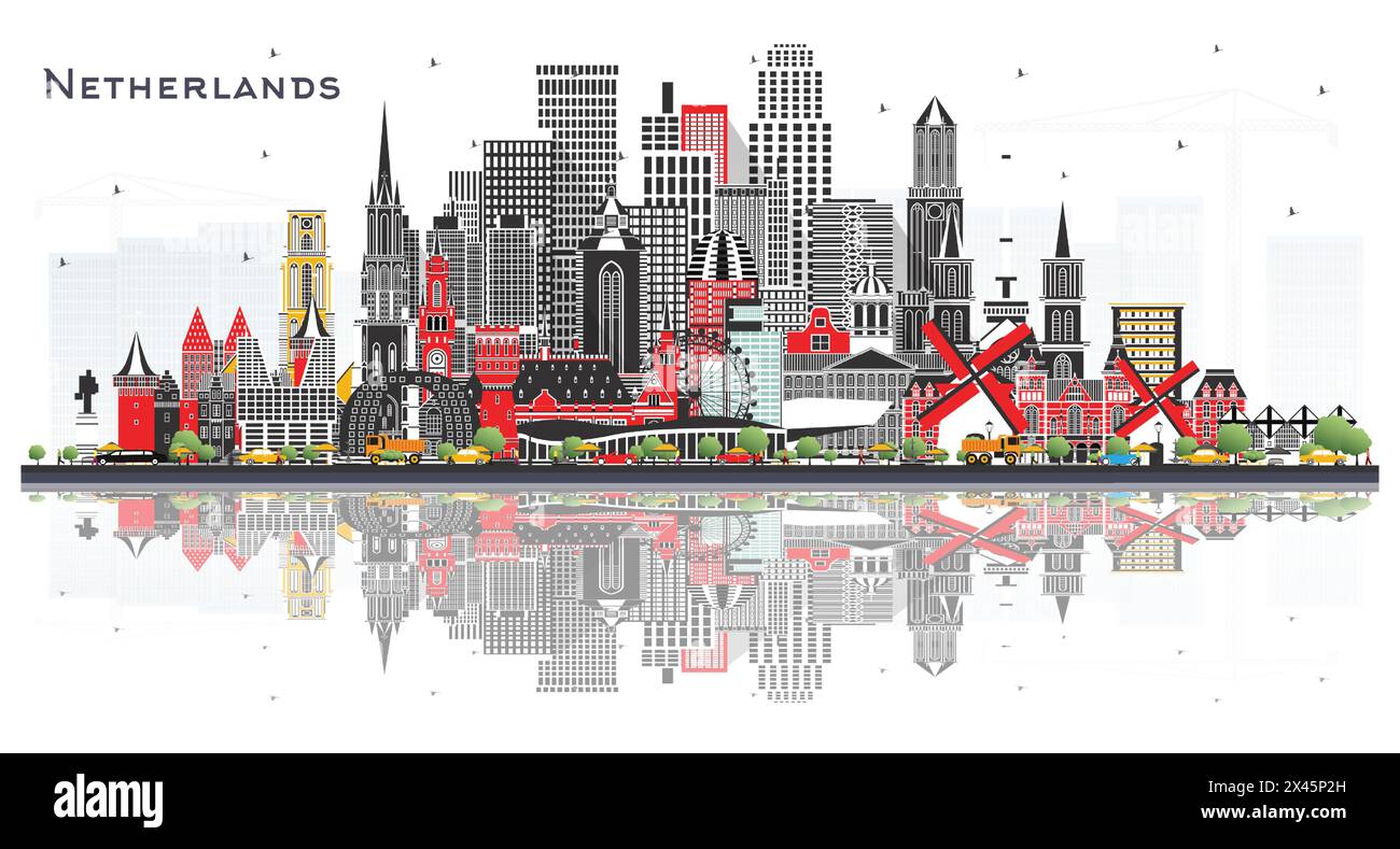 Netherlands Skyline with Gray Buildings and reflections Isolated on ...