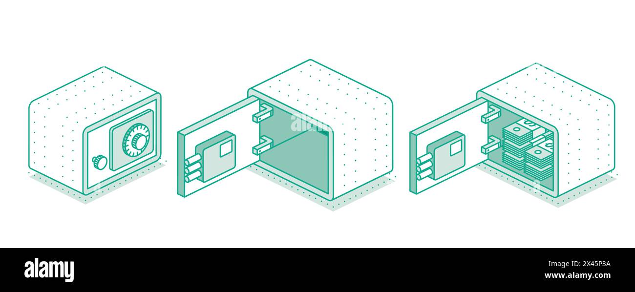 Isometric Safe Set With Open And Closed Doors Outline Object Isolated On White Background
