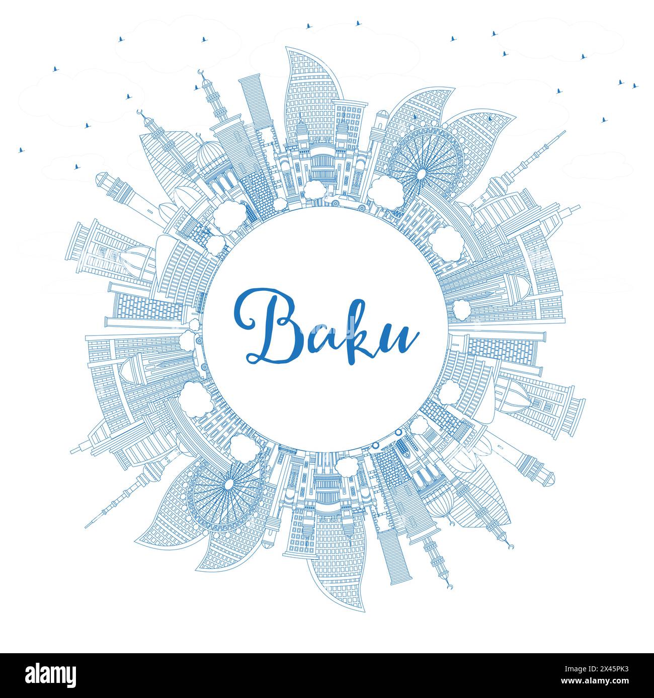 Outline Baku Azerbaijan City Skyline with Blue Buildings and Copy Space ...