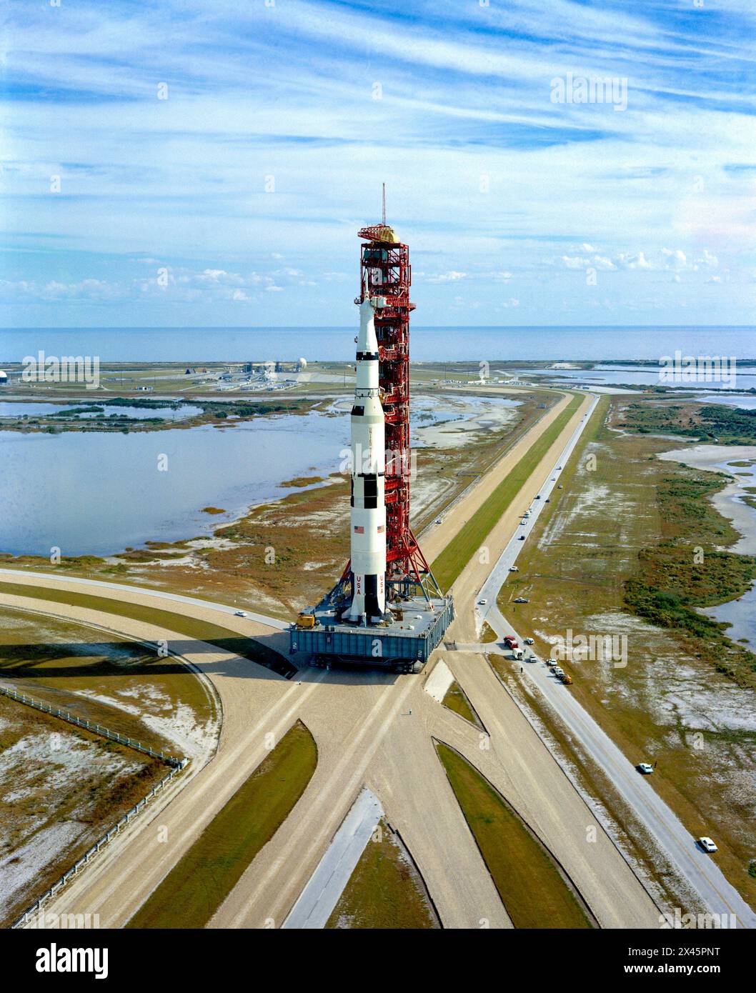 NASA Apollo 11 space rocket on its way to the launch pad with a Saturn V rocket 1970 Stock Photo ...