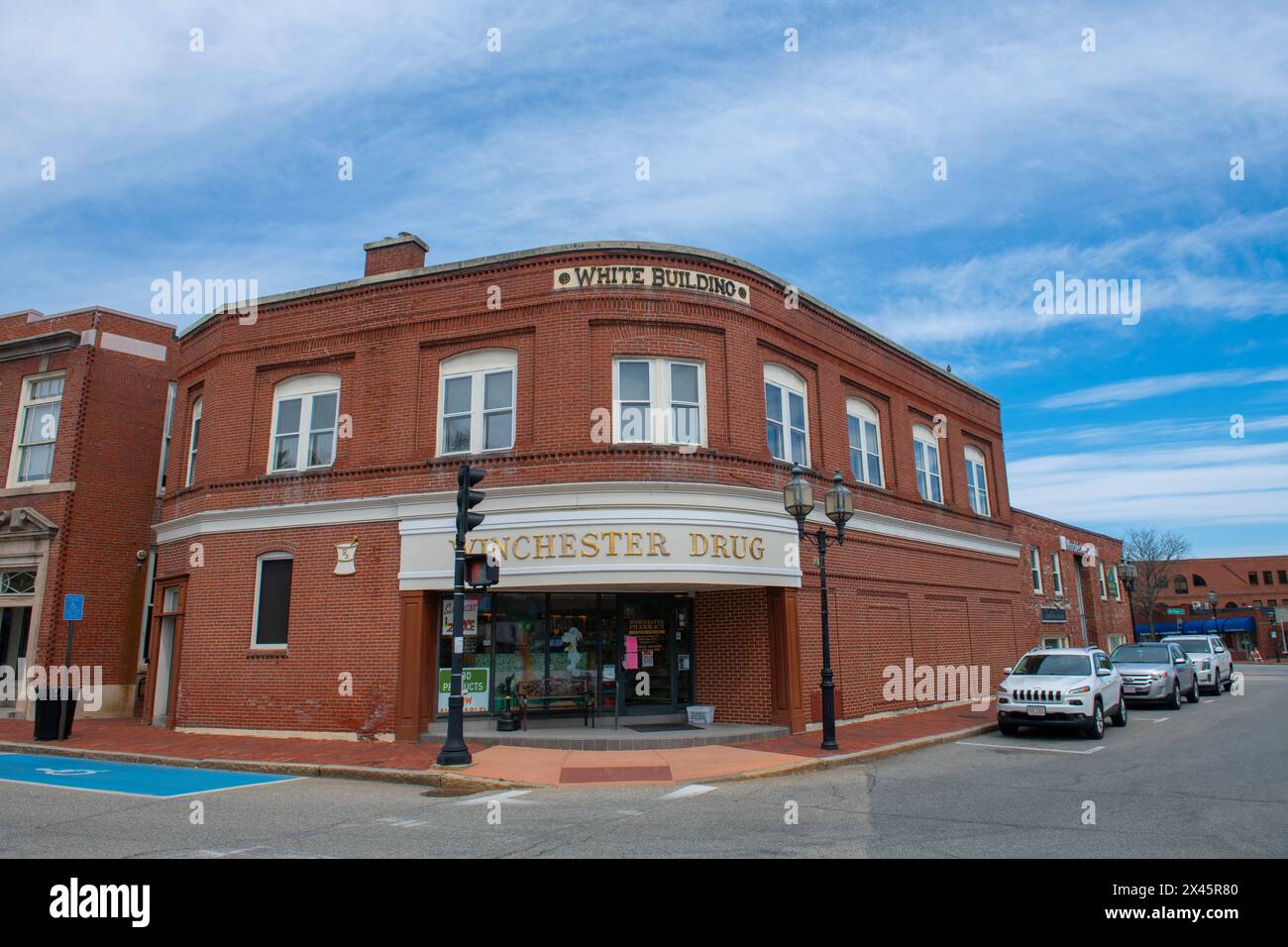 Historic commercial buildings on Main Street in historic town center of ...