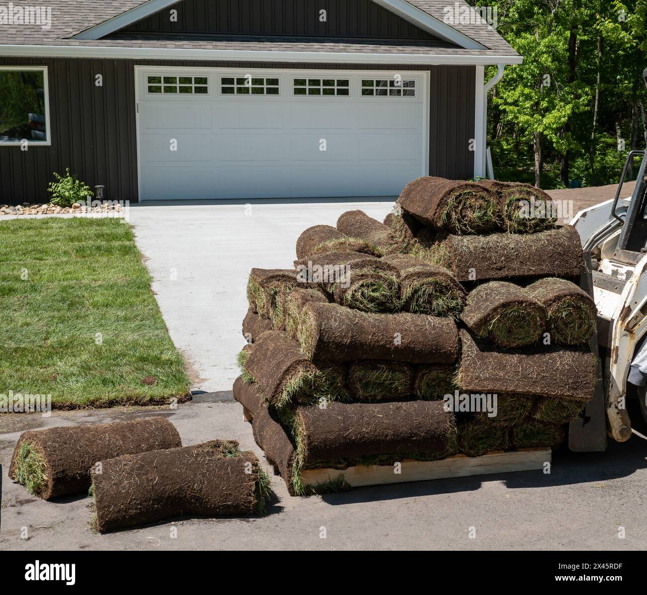 Wood pallets with rolls of fresh sod grass for installation, and ...