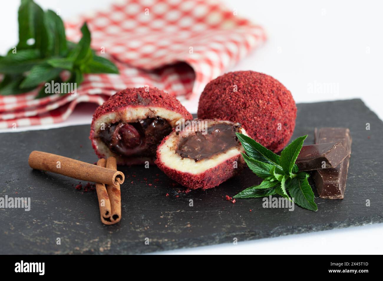 Homemade Damplings filled with melted chocolate. Sweet food for dessert ...