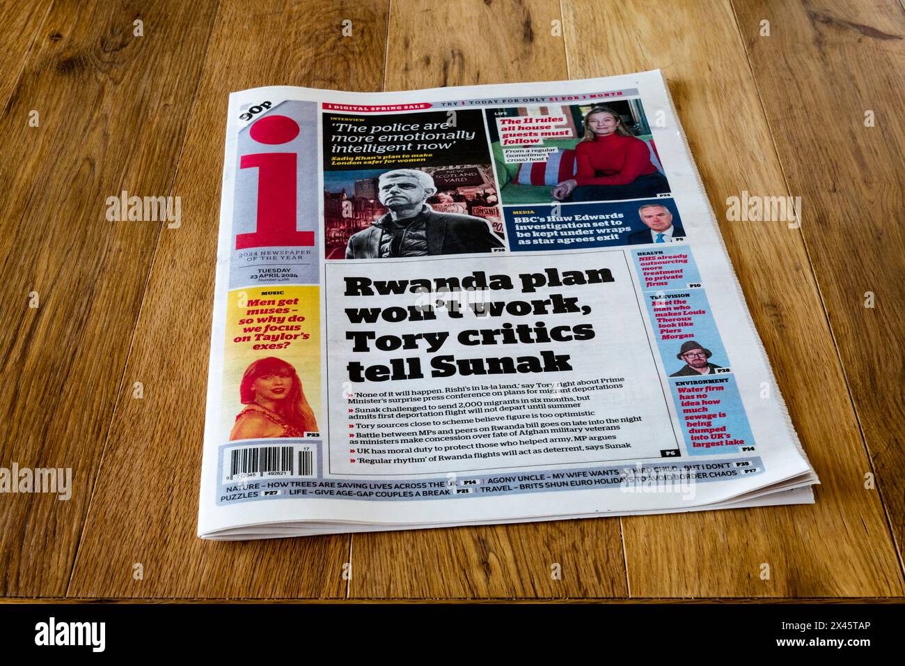 23 April 2024. Headline in i newspaper is Rwanda plan won't work, Tory ...