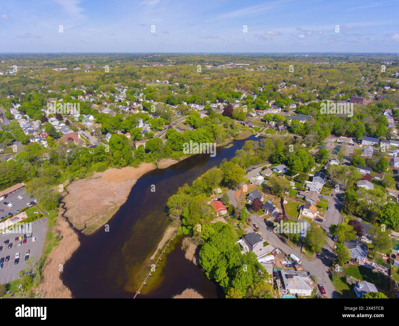 Saugus Iron Works National Historic Site aerial view from Saugus River in historic town center ...