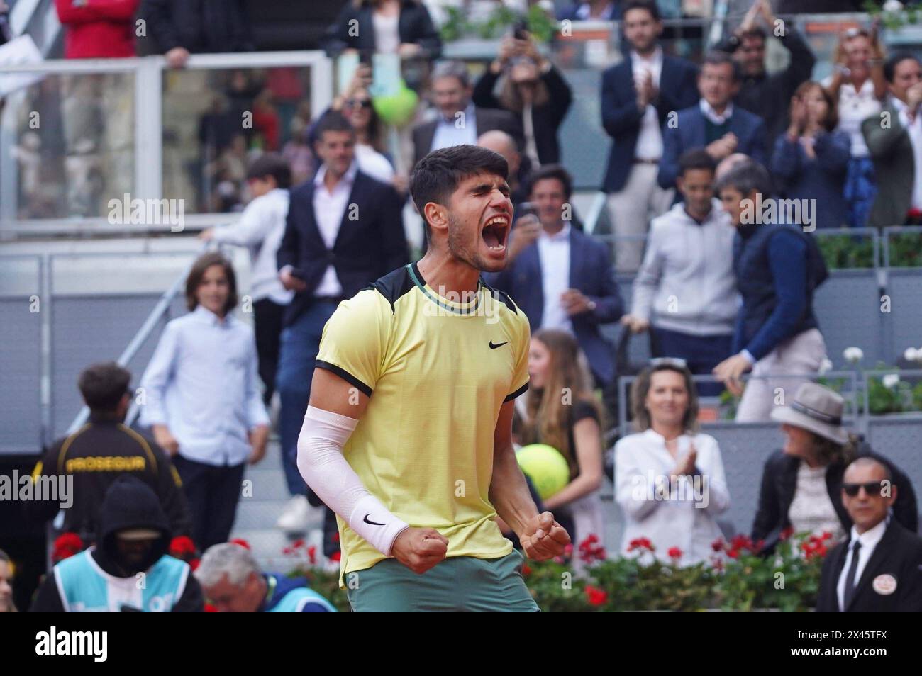 30th April 2024: Madrid, Spain: Carlos Alcaraz (SPA) celebrates victory ...