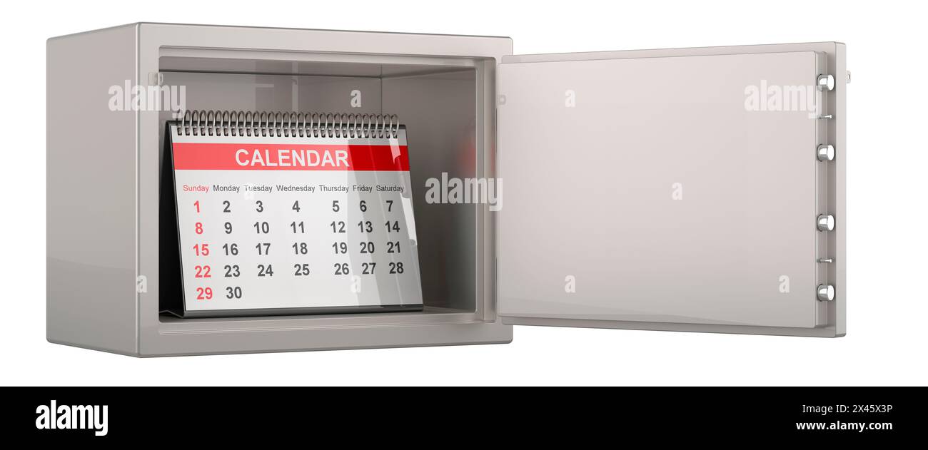 Desk calendar inside safe with combination lock, 3D rendering isolated ...