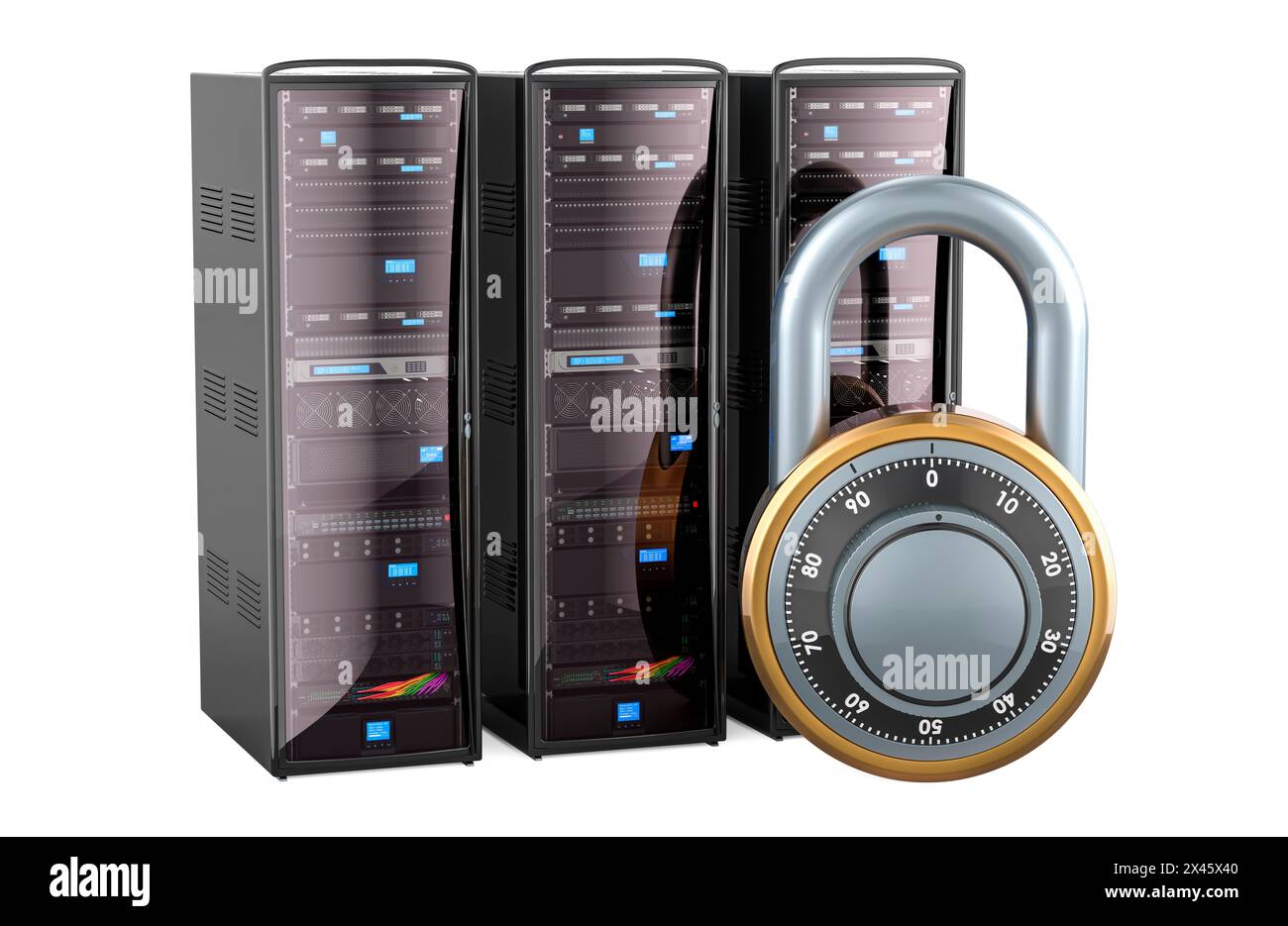 Computer server racks with padlock, 3D rendering isolated on white ...