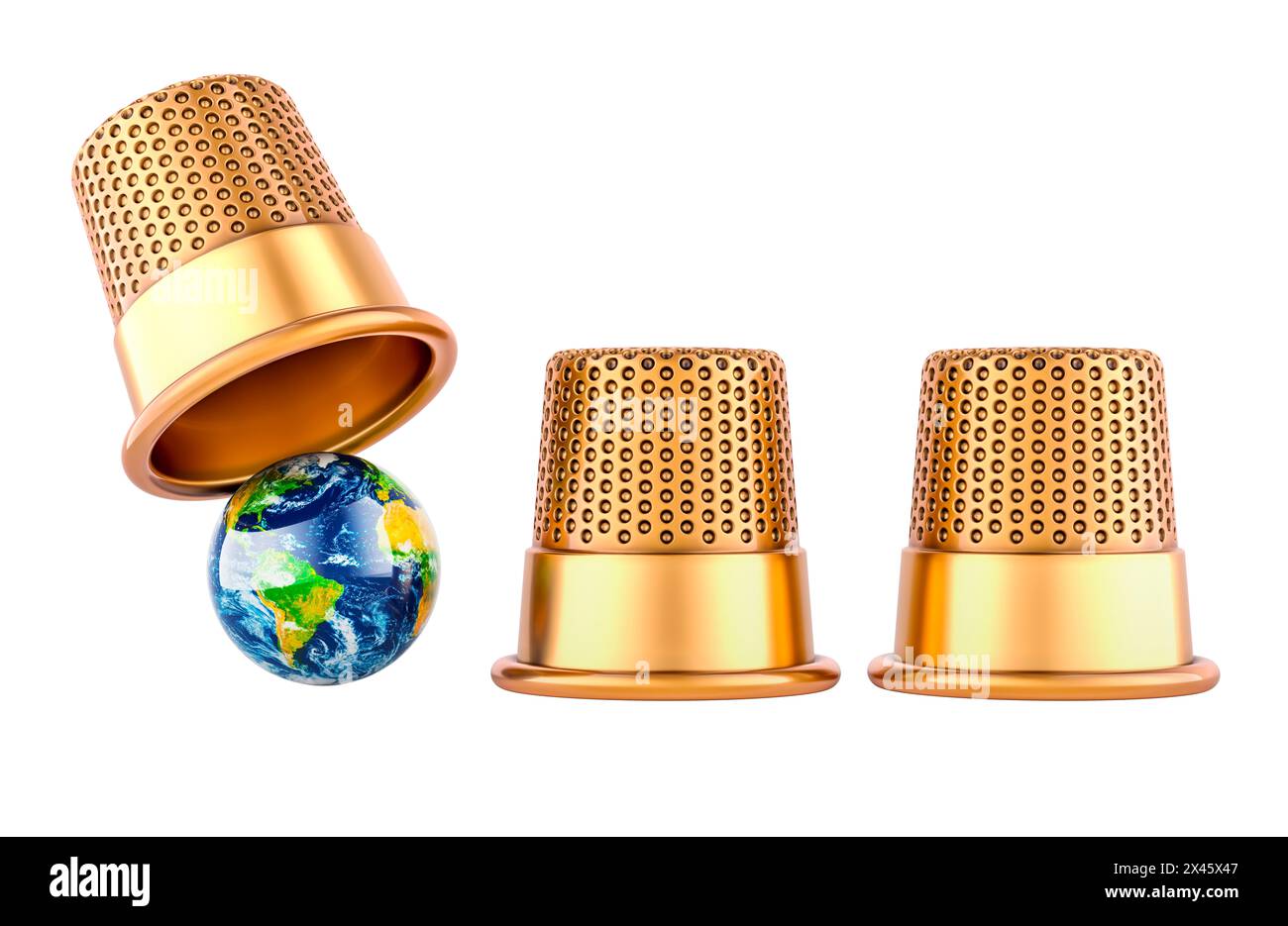 The shell game with Earth Globe, thimble game. 3D rendering isolated on ...