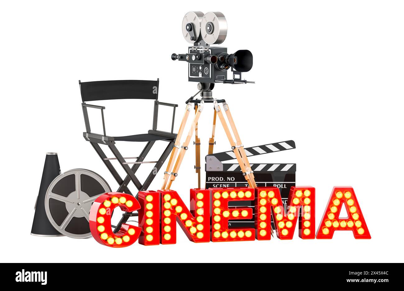 Filmmaking or film production concept. Movie camera, film reels, chair ...