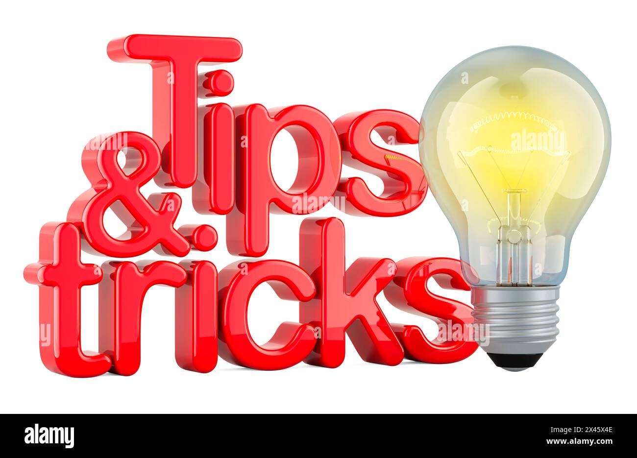 Tips and Tricks, red inscription with light bulb. 3D rendering isolated ...