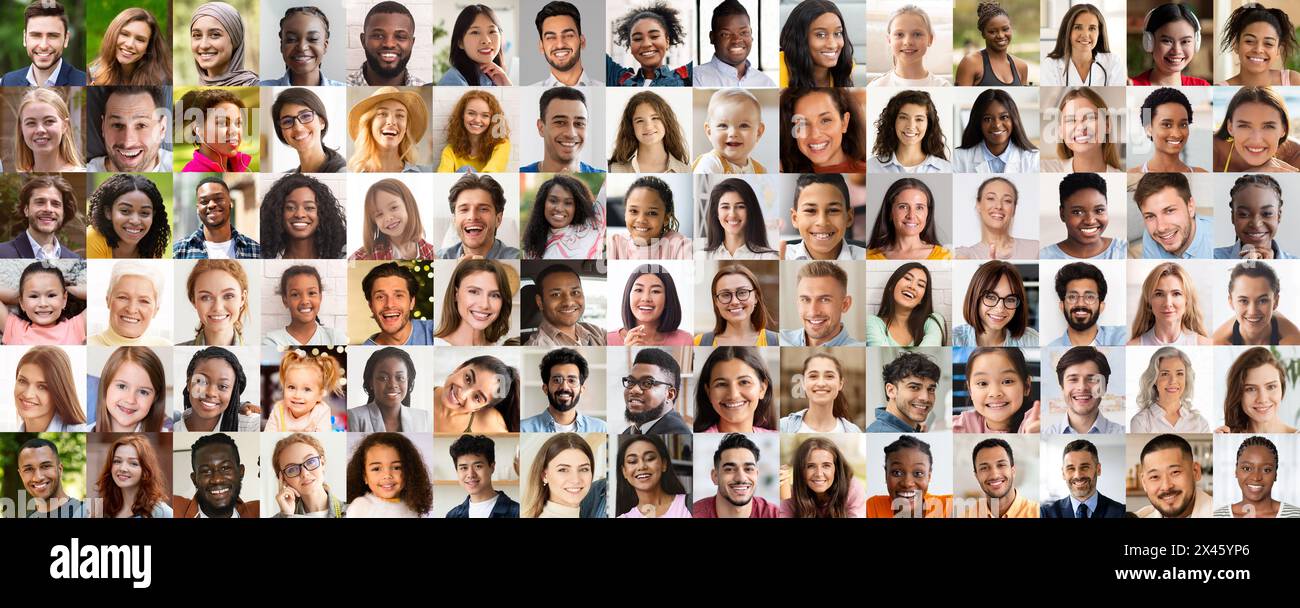 Collage of various people's faces together on diverse backgrounds Stock ...