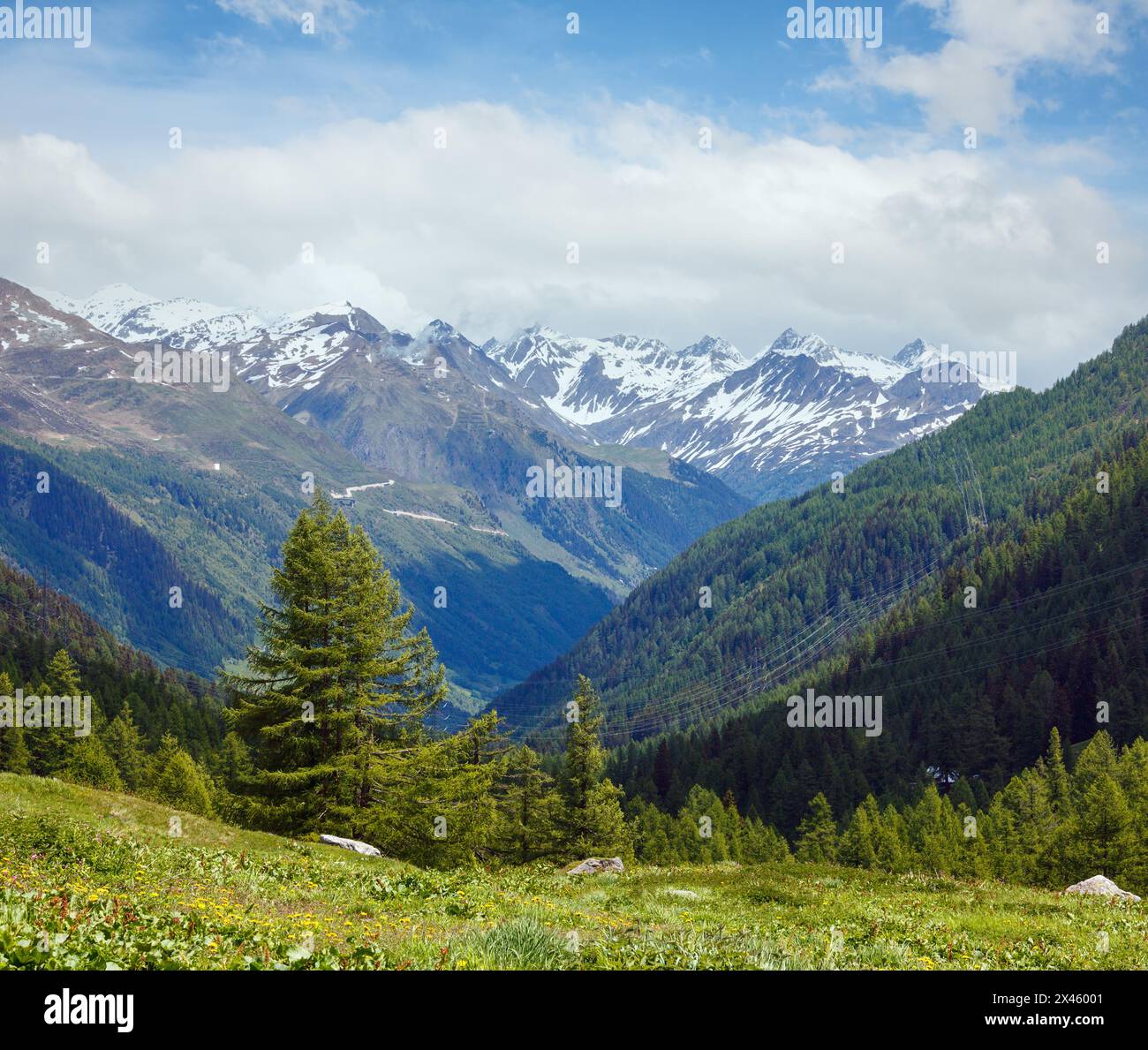 Summer mountain cloudy landscape with snow on mount top (Alps ...