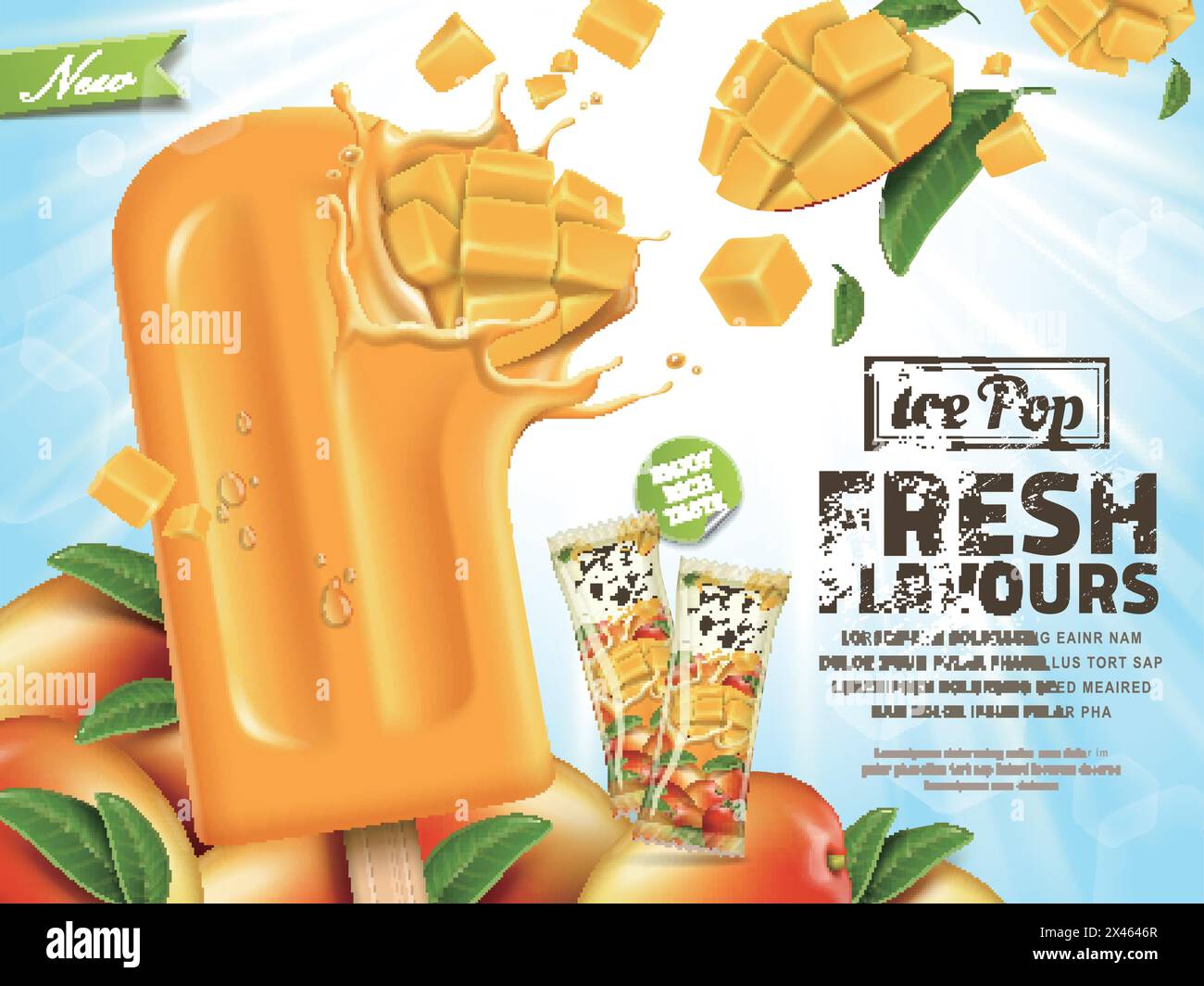 Fresh mango ice pop ads, sliced mango hit in popsicle isolated on ...