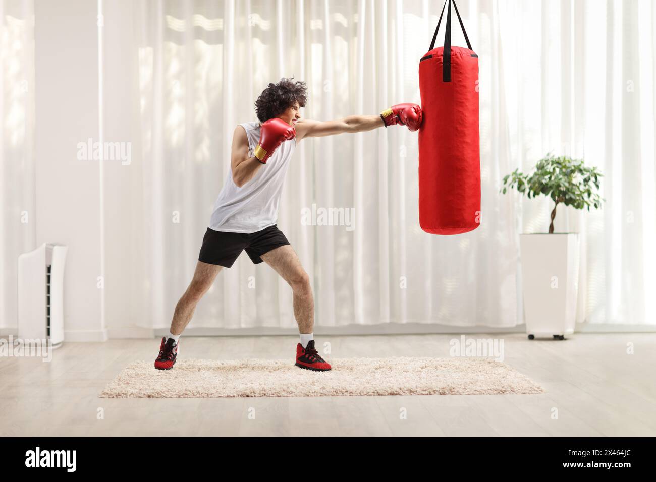 Young man punching a bag at home with boxing gloves Stock Photo - Alamy