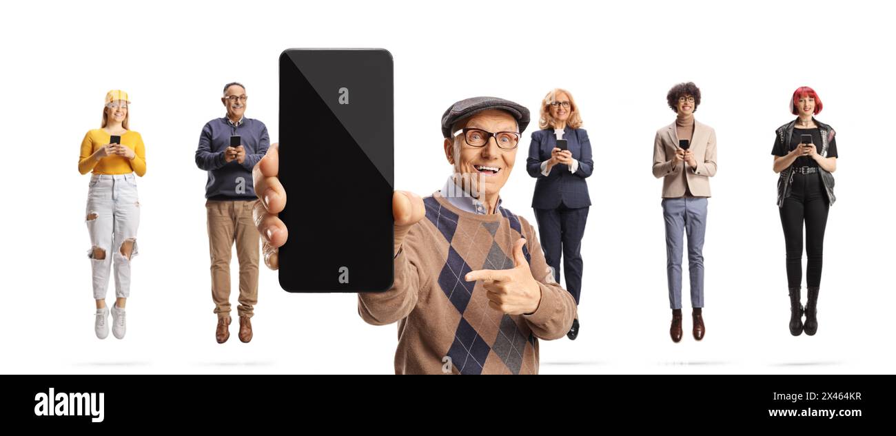 Senior man pointing at a new smartphone and group of happy people with ...