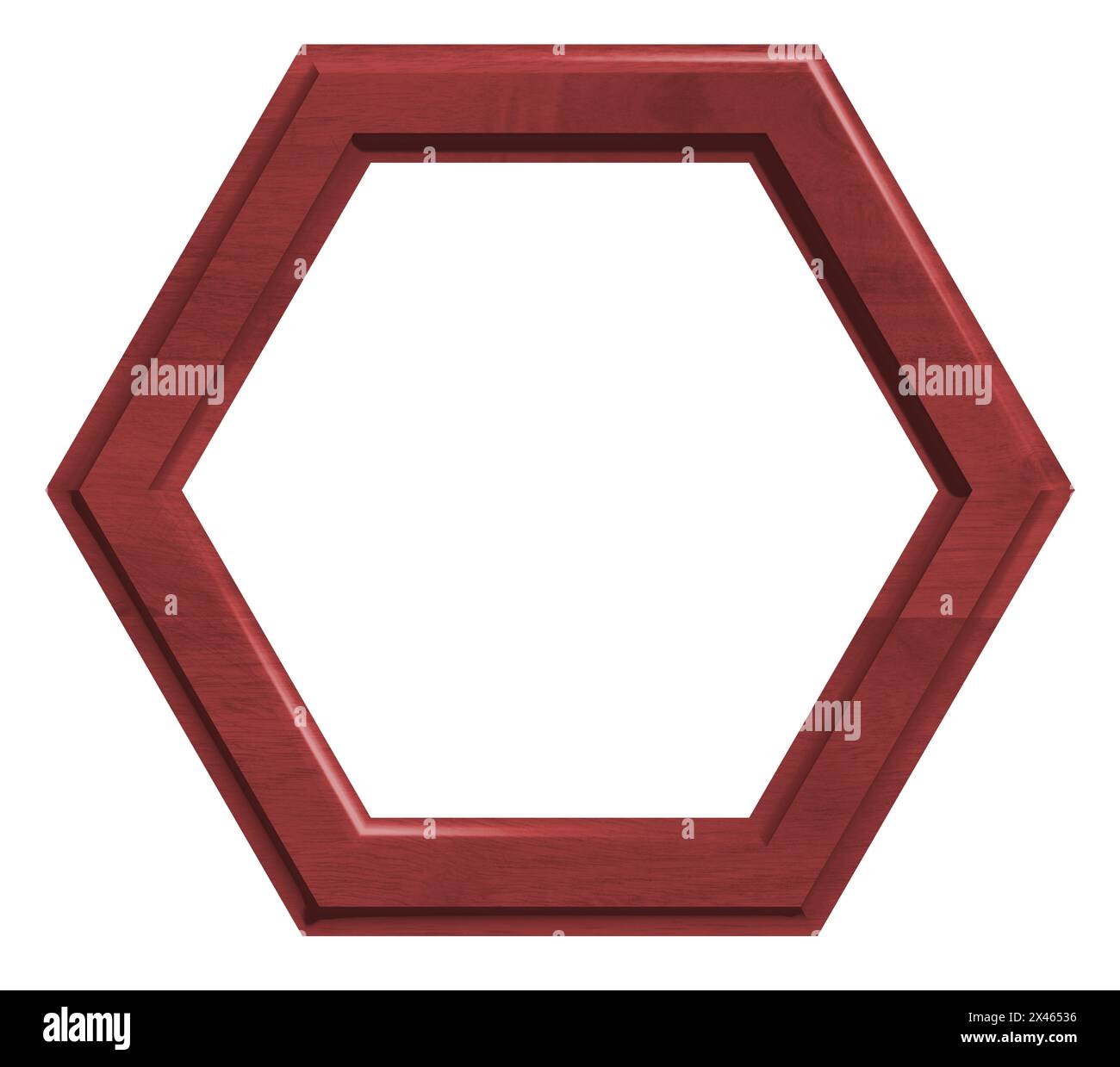 Hexagonal red wooden frame on isolated background, wall frame for ...