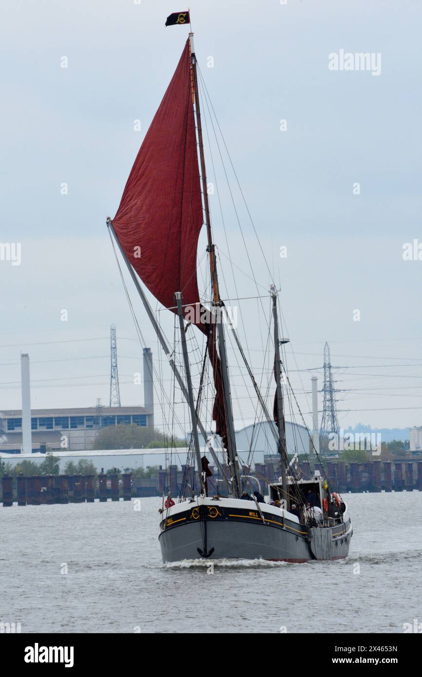 Thames sailing Barge on the river Thames is a flat-bottom barge with leeboards and traditional ...