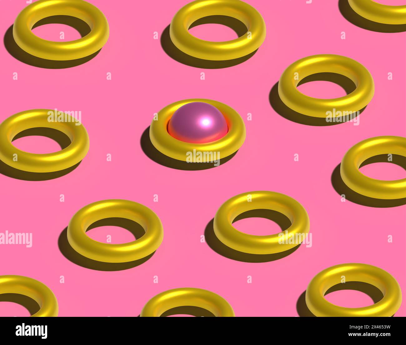 Abstract pink background with golden rings, 3D rendering illustration ...