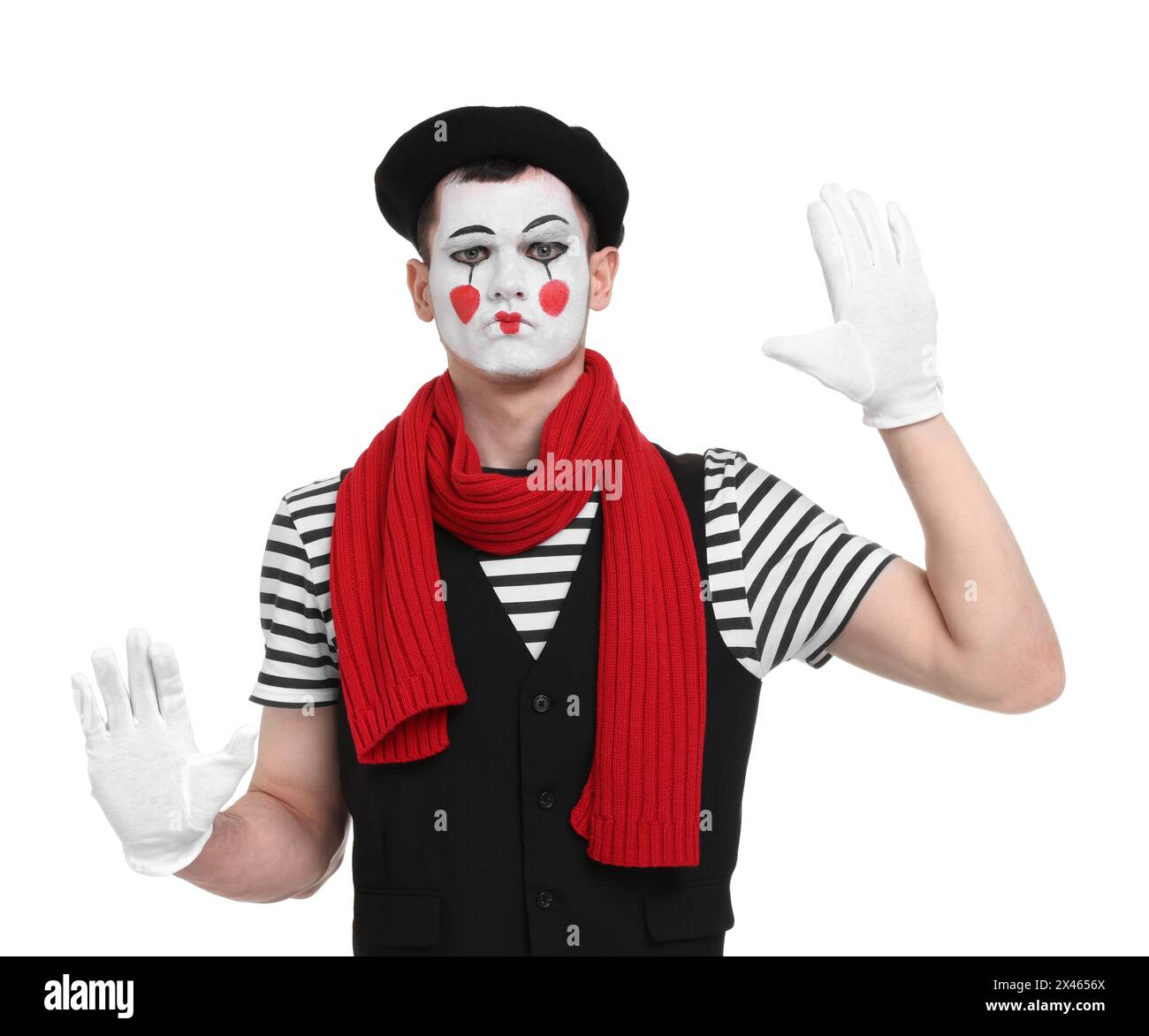 Funny mime artist in beret posing on white background Stock Photo - Alamy