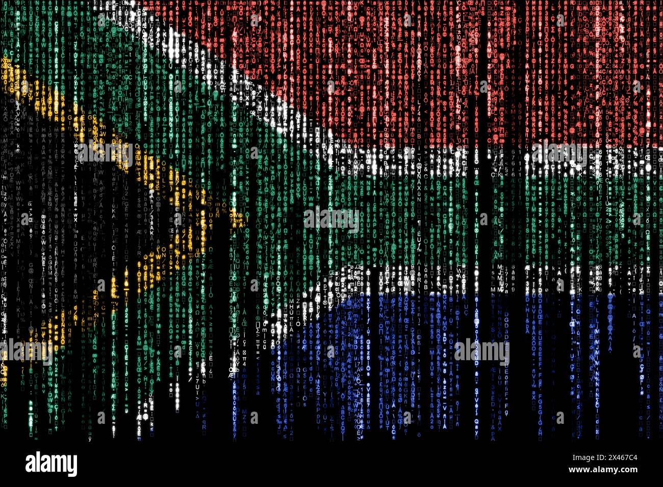 Flag of South Africa on a computer binary codes falling from the top ...