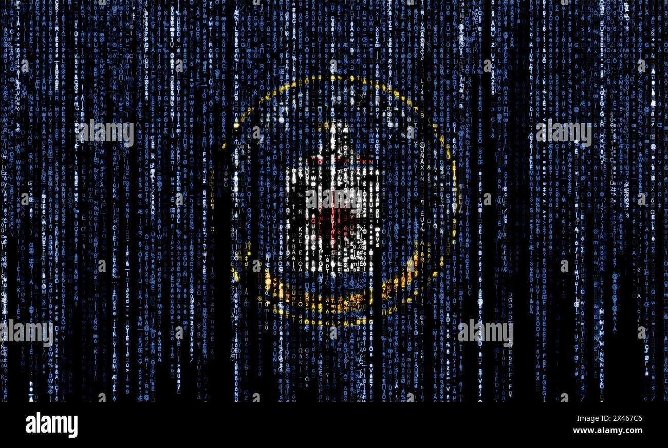 Flag of the CIA on a computer binary codes falling from the top and ...
