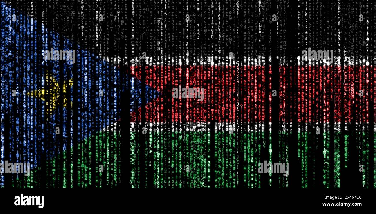 Flag of South Sudan on a computer binary codes falling from the top and fading away Stock Photo ...