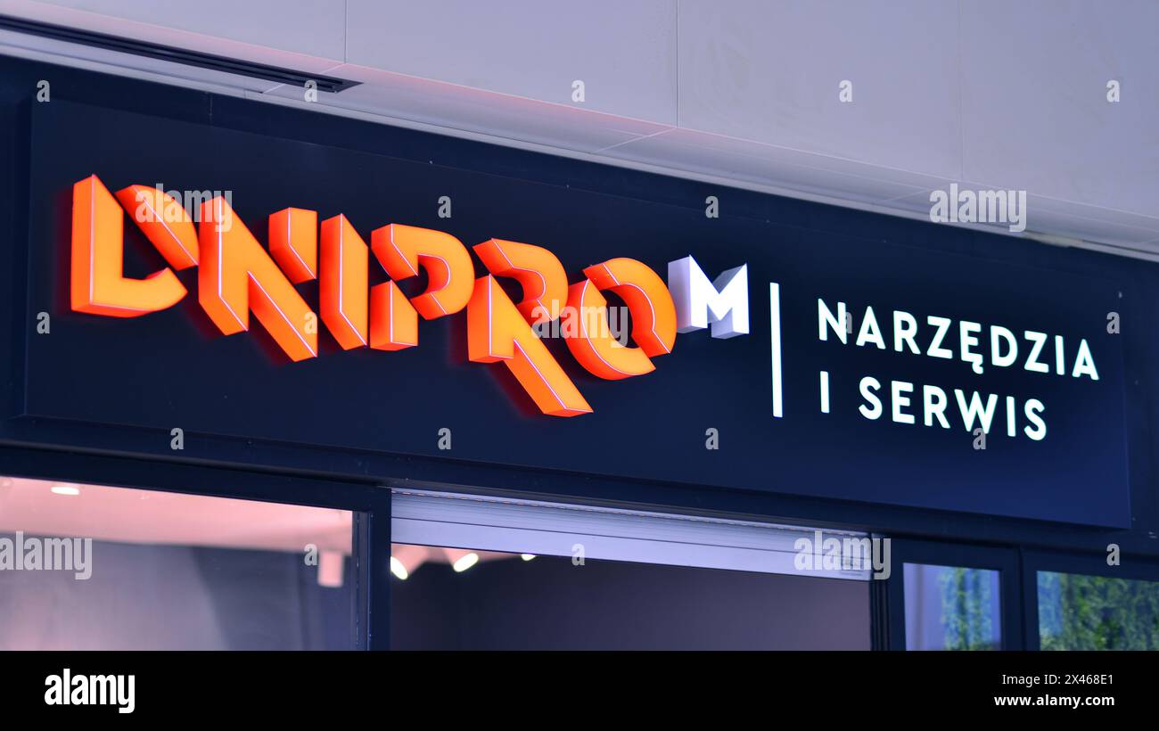 Warsaw, Poland. 28 April 2024. Sign Dnipro M. Company signboard Dnipro ...