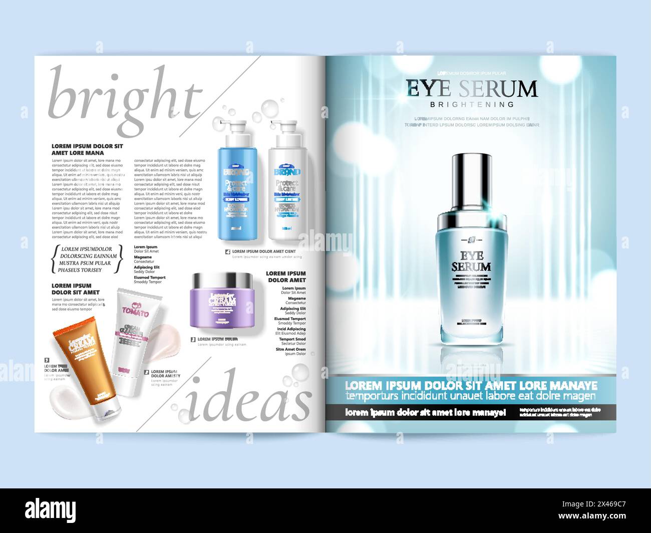 Cosmetic magazine brochure, eye serum on glittering background with top ...