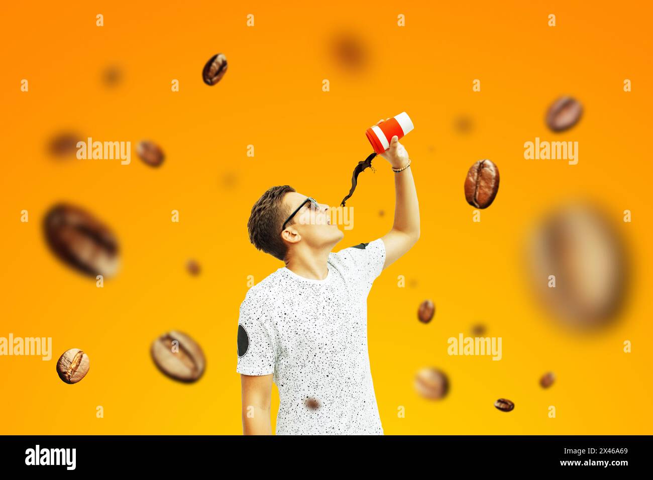 Concept Of Coffee. Young Man Drinking Coffee On A Bright Yellow ...
