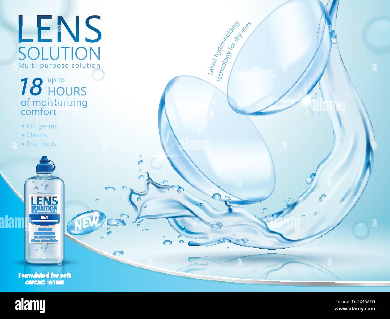 Lens solution ads, clear liquid pouring down to the eye contact ...