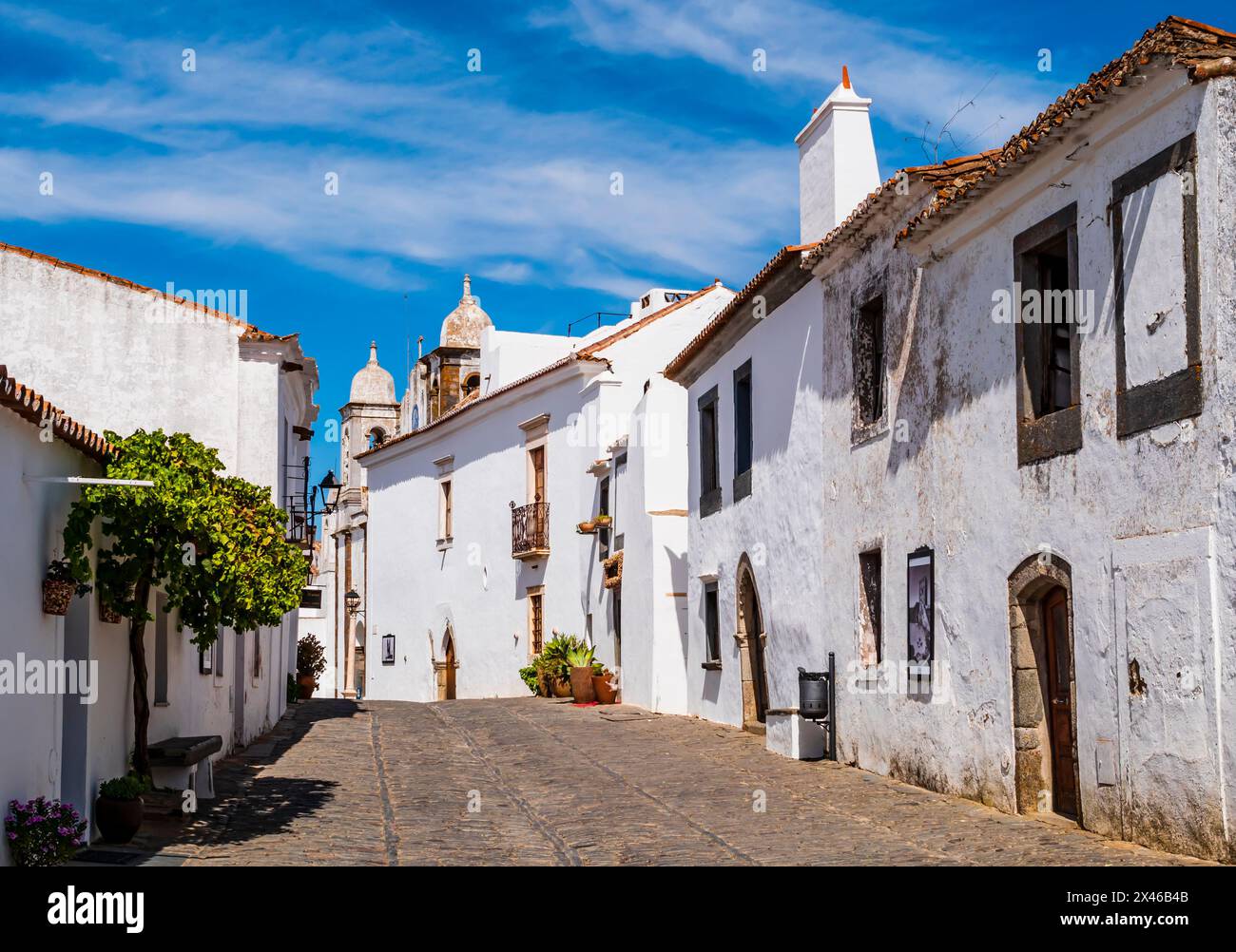 Stunning cobblestone alley with traditional white houses in Monsaraz ...