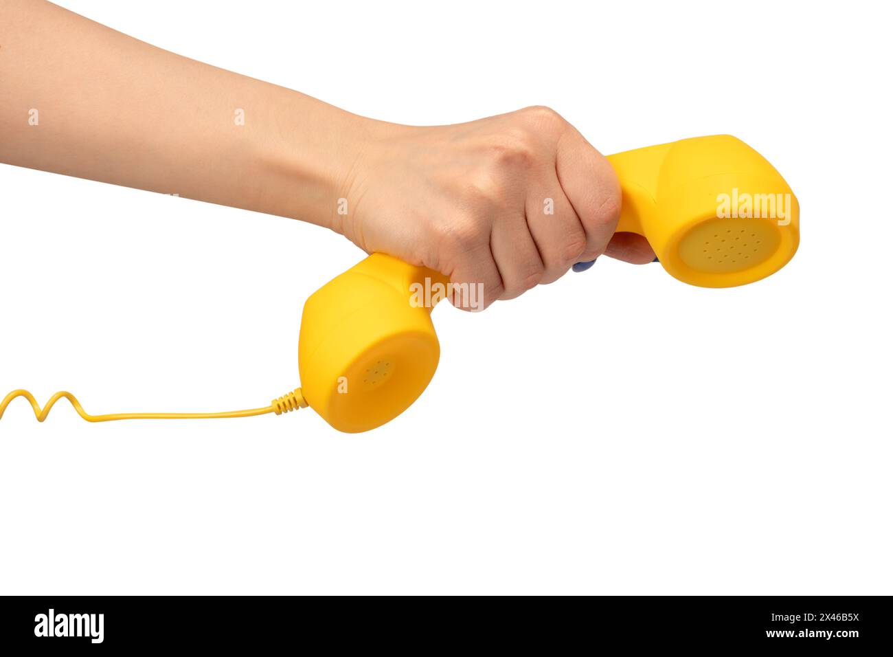 Yellow handset in woman hand isolated on white. Copy space Stock Photo ...