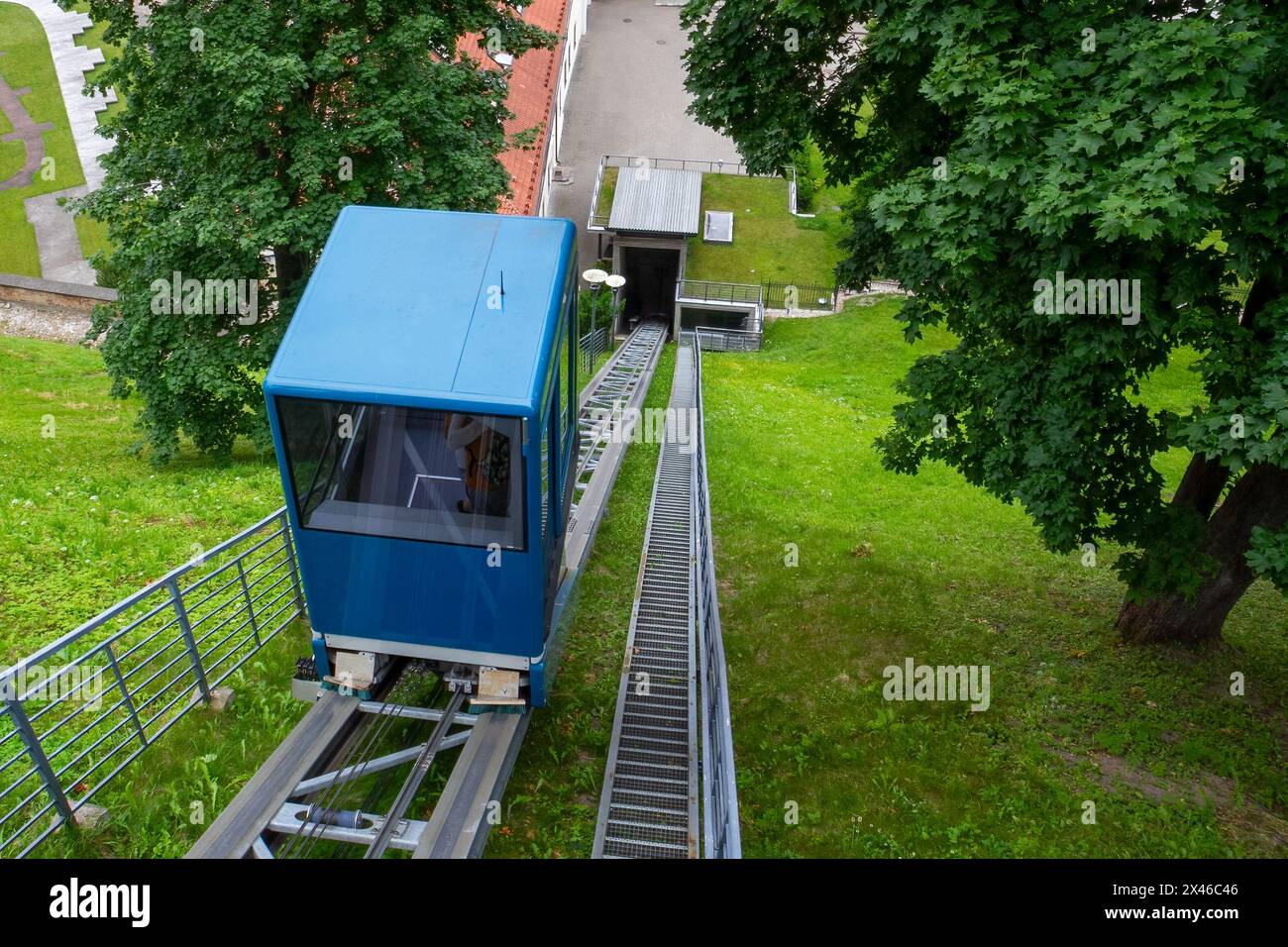 Blue funicular car on the tracks in Vilnius, Lithuania Stock Photo - Alamy