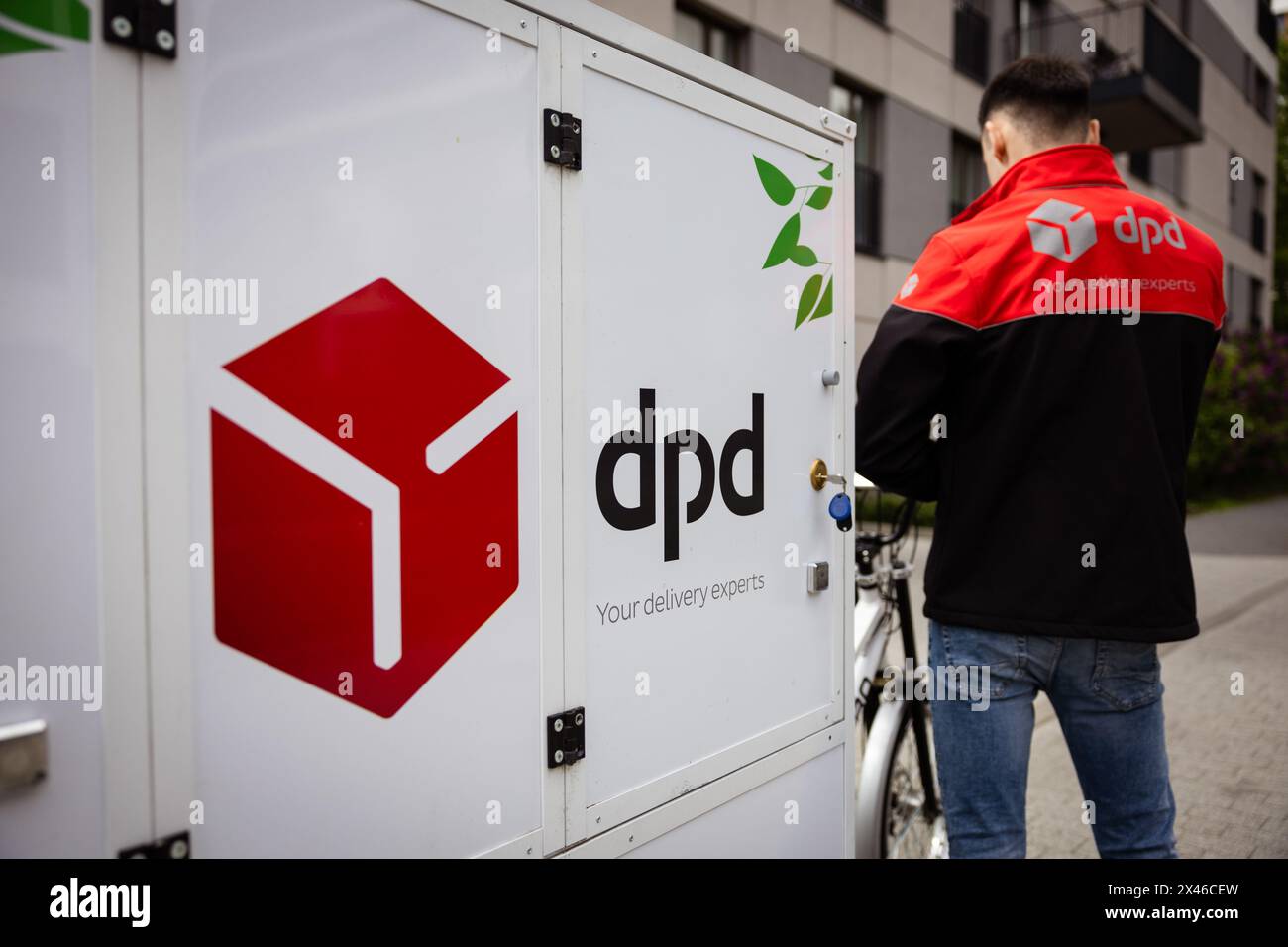 Warsaw, Poland - April 26th 2024: an electric bicycle with the DPD logo ...