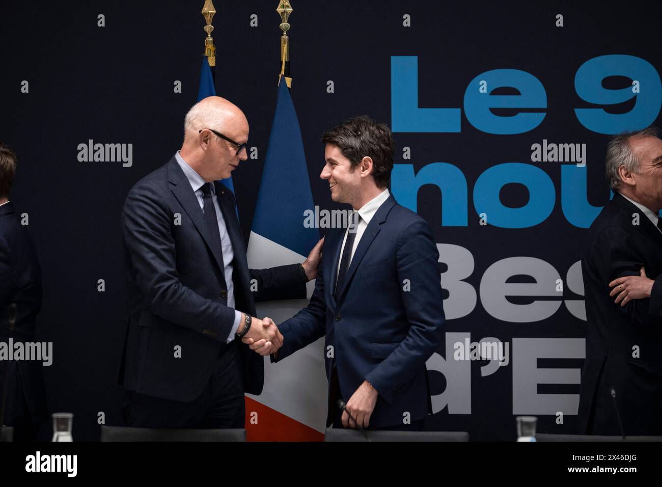 French Prime Minister Gabriel Attal greets Head of "Horizons" right ...