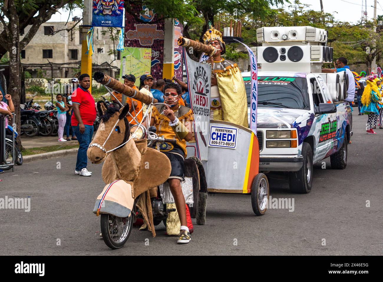A motorcycle horse pulling a chariot with two men smoking giant cigars ...