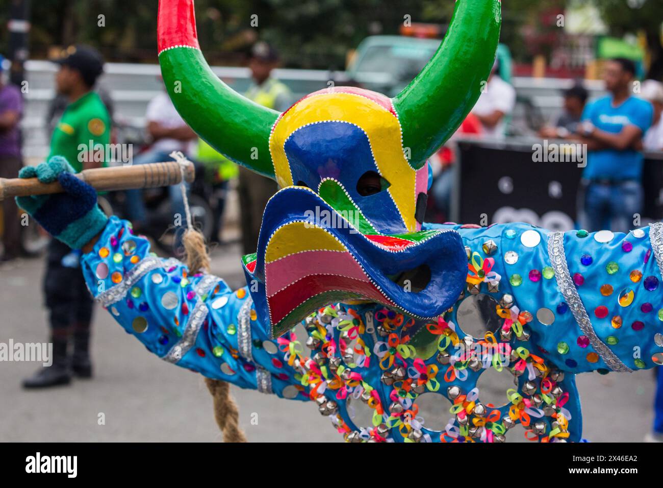 A Lechone costume from Santiago with a duck bill mask and horns in the ...