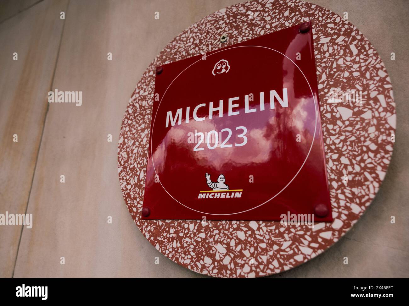 Warsaw, Poland - April 26th 2024: The 2023 Michelin star symbol at the ...