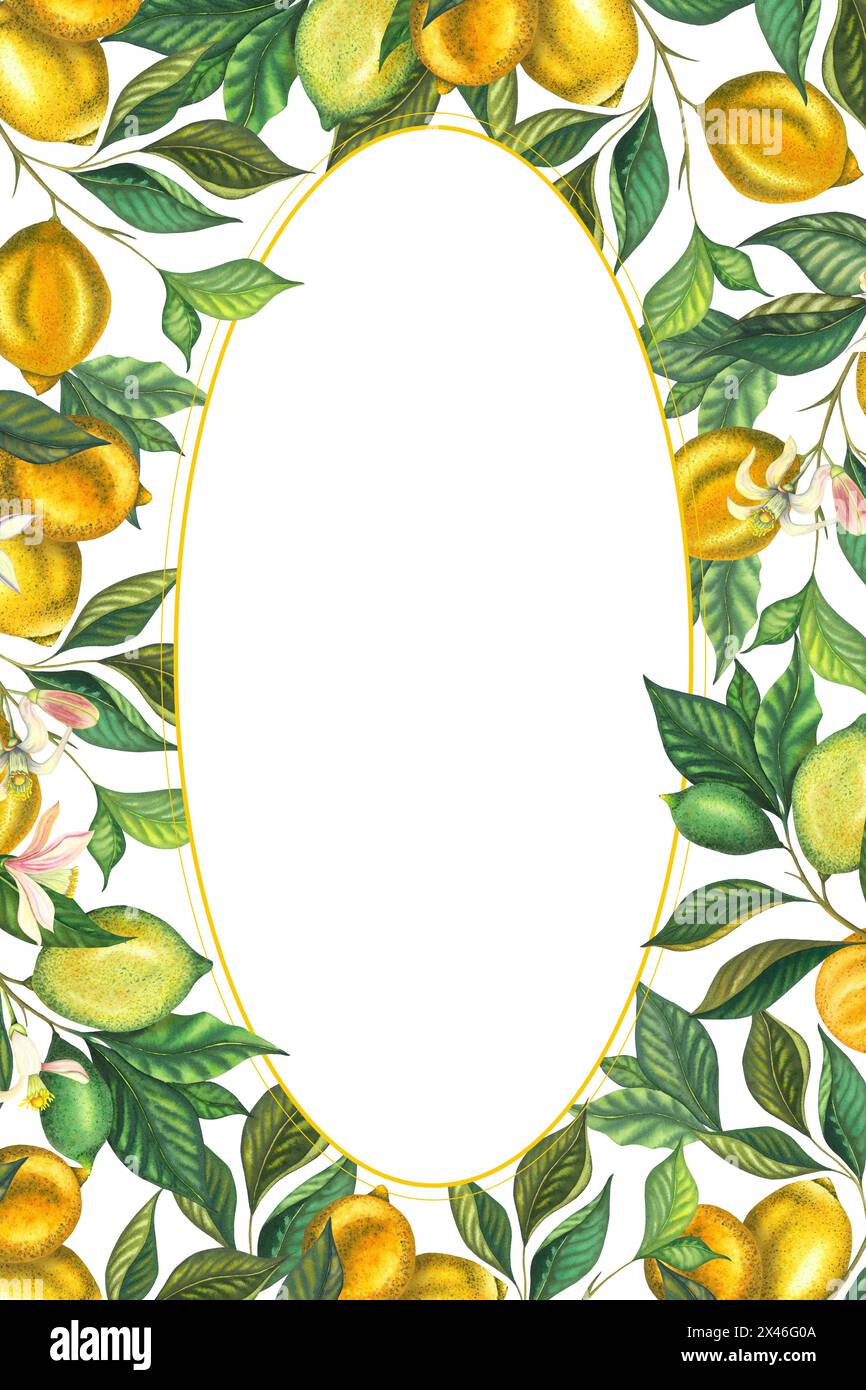 Watercolor lemon card template border with blooming limes and lime ...