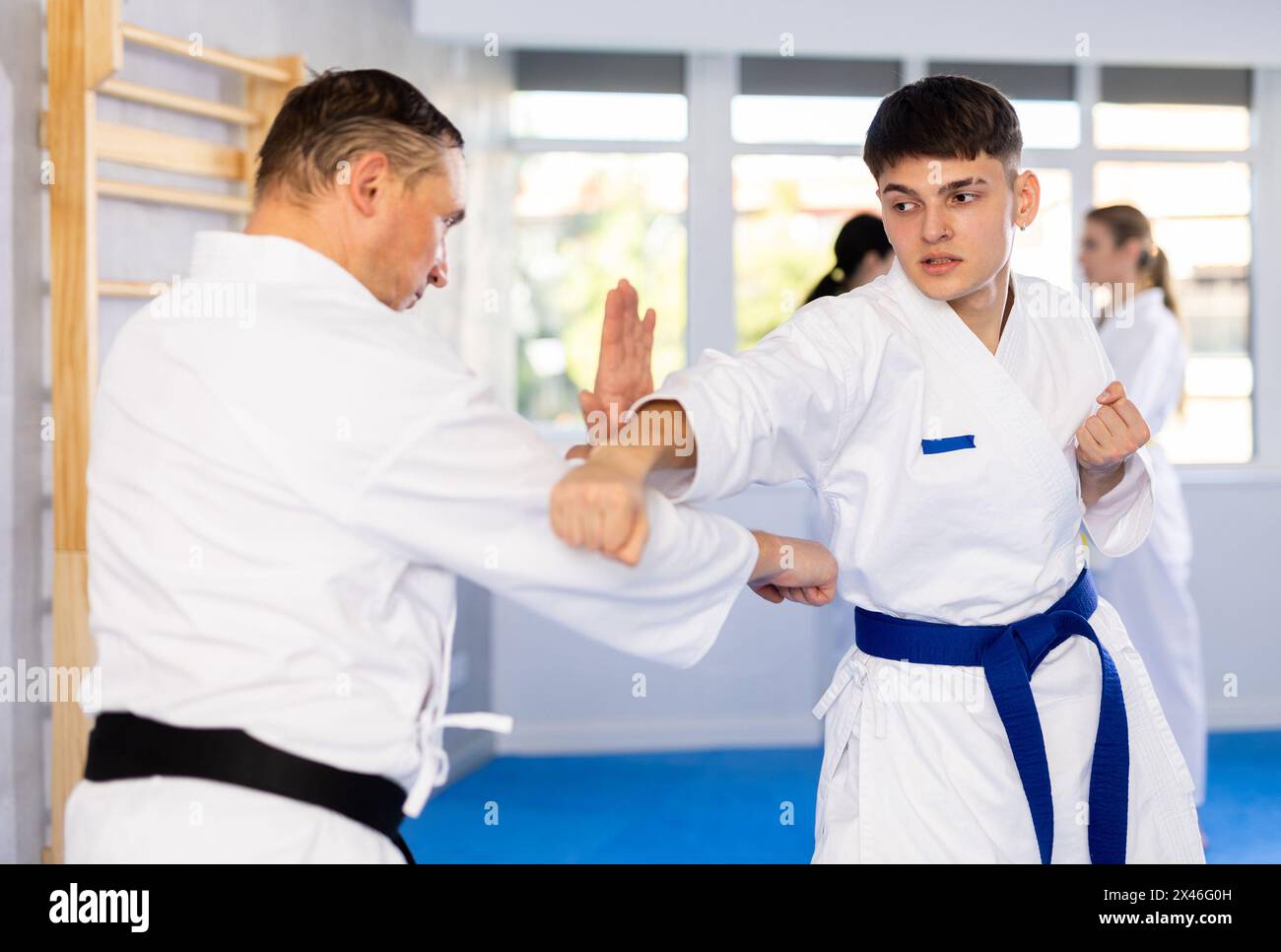 Athletes sparring during karate classes in gym Stock Photo - Alamy