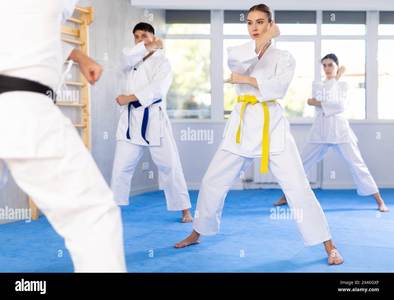 Team of people in kimonos try new fighting techniques at karate lessons ...